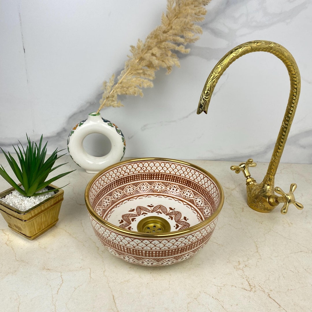 Custom Made Luxury Bathroom Sink - Clear Brown Sink 14k Gold Rim ...