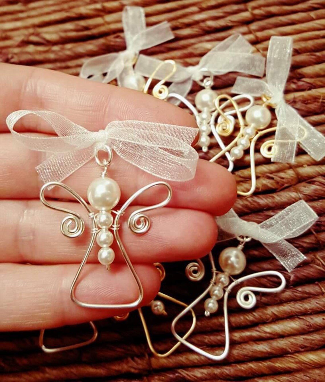 Wire Wrapped Angel Pendant Swarovski White Pearls Baby - Etsy UK