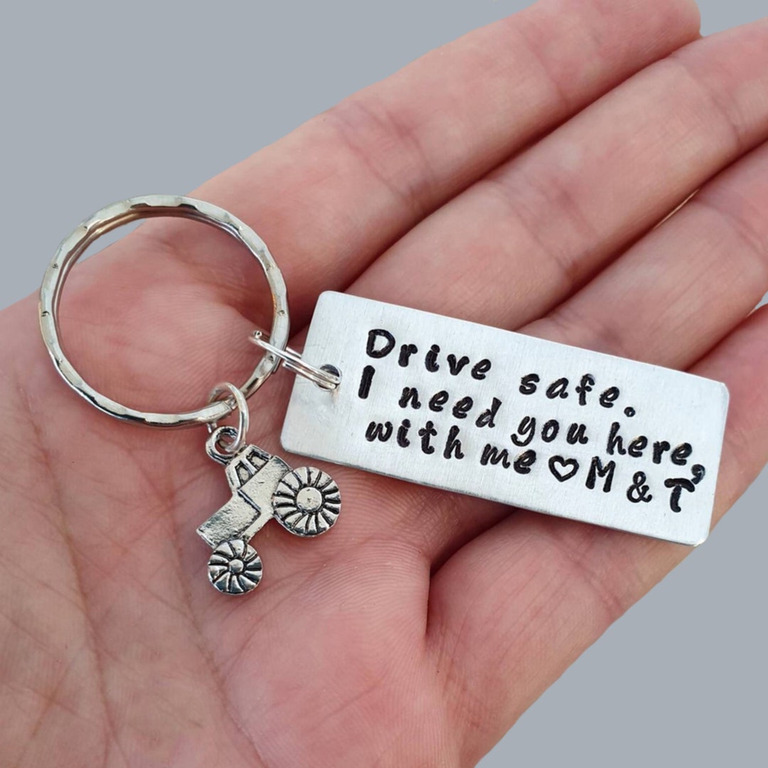Personalized Keychain, Drive Safe, Tractor Charm, Aluminum, Couples ...