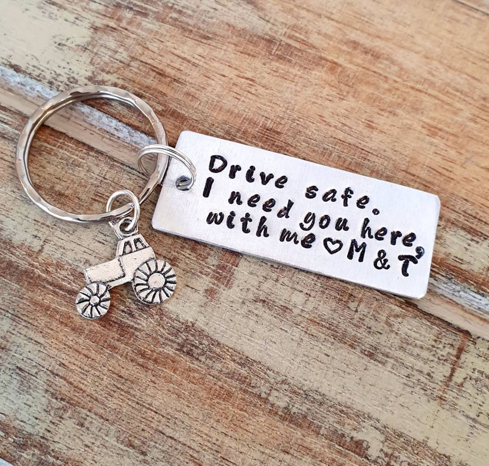 Personalized Keychain, Drive Safe, Tractor Charm, Aluminum, Couples ...