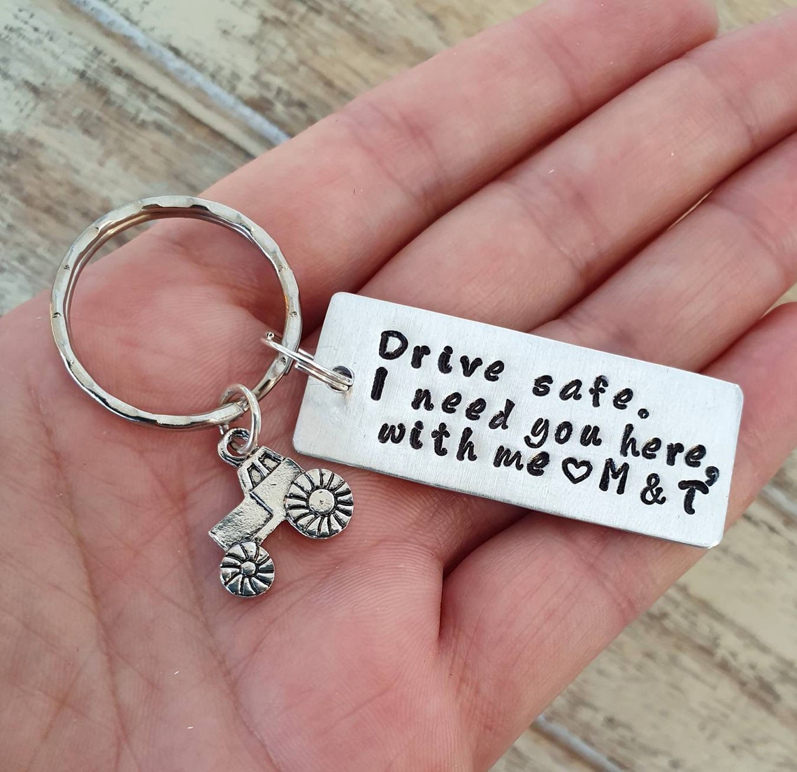 Personalized Keychain, Drive Safe, Tractor Charm, Aluminum, Couples ...
