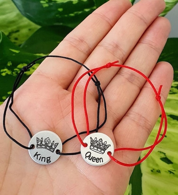 Set of 2 King and Queen Engraved Couple Bracelets With Crown Symbol Adjustable String Coin Matching Bracelet Set His and Hers Couples Gift Etsy