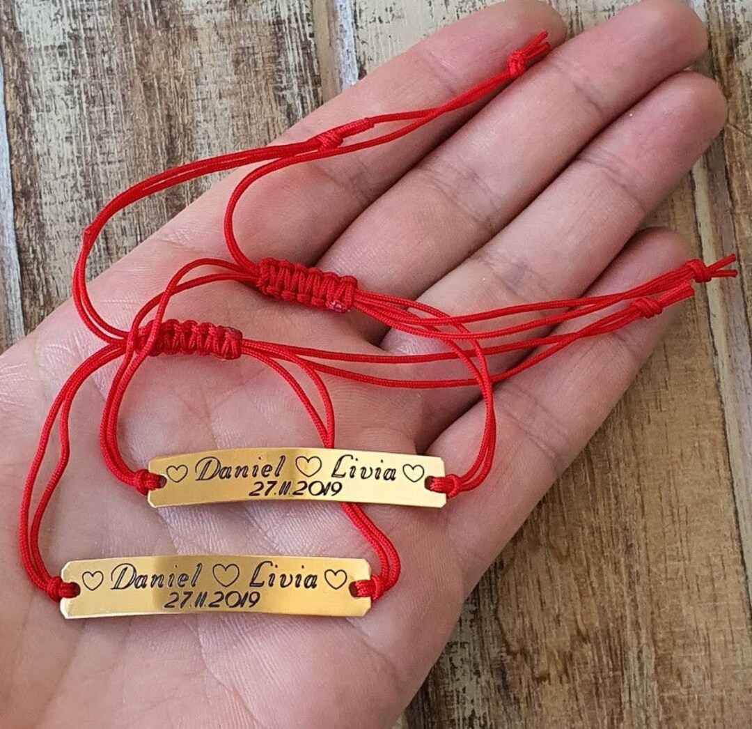 Set of 2 Couples Personalized Gold Bar Bracelets, Custom Engraved ...