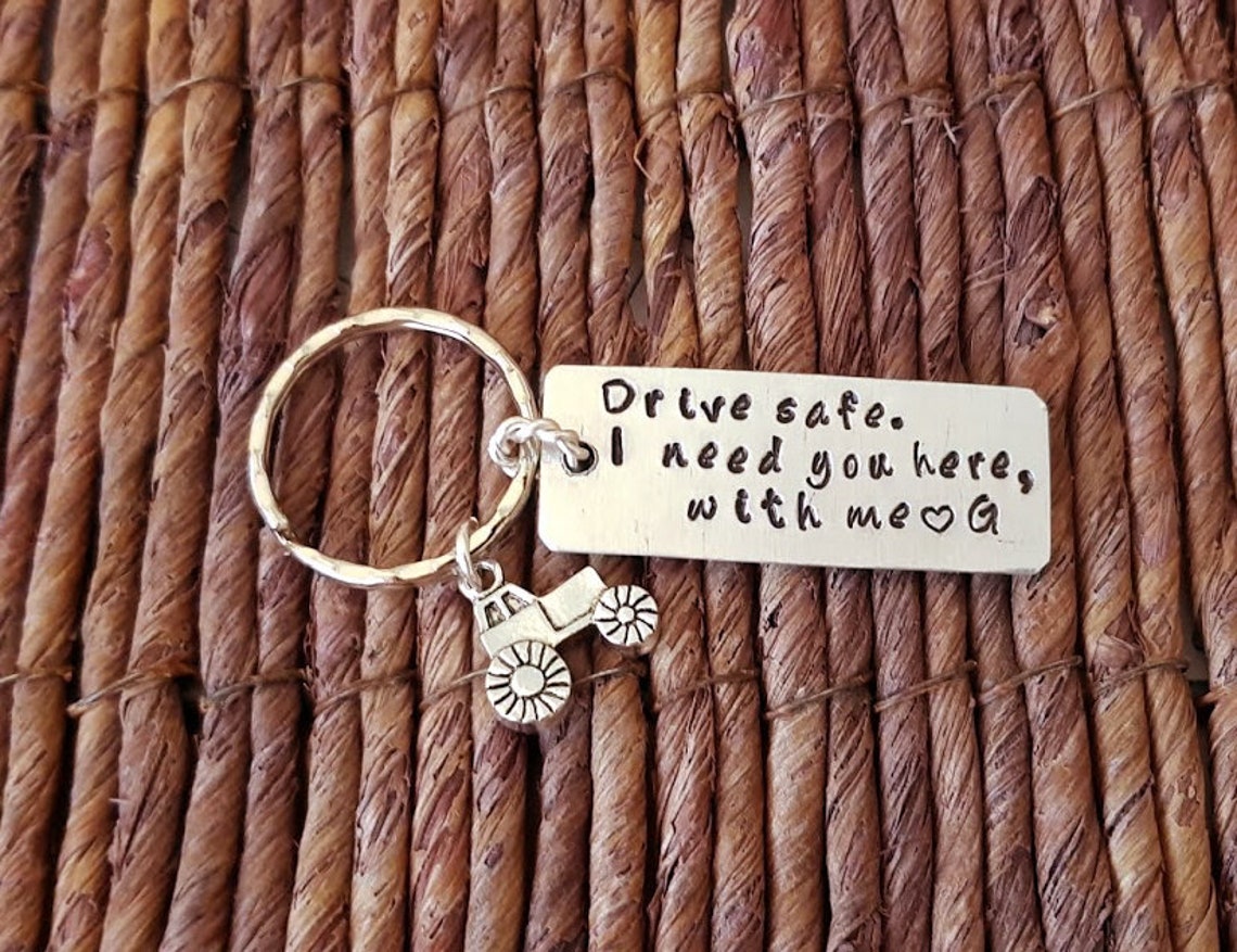 Personalized Keychain, Drive Safe, Tractor Charm, Aluminum, Couples ...