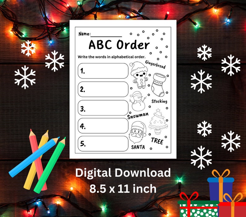 Christmas ABC Order Worksheets for Kids 8.5''x11'' Printable Digital ...