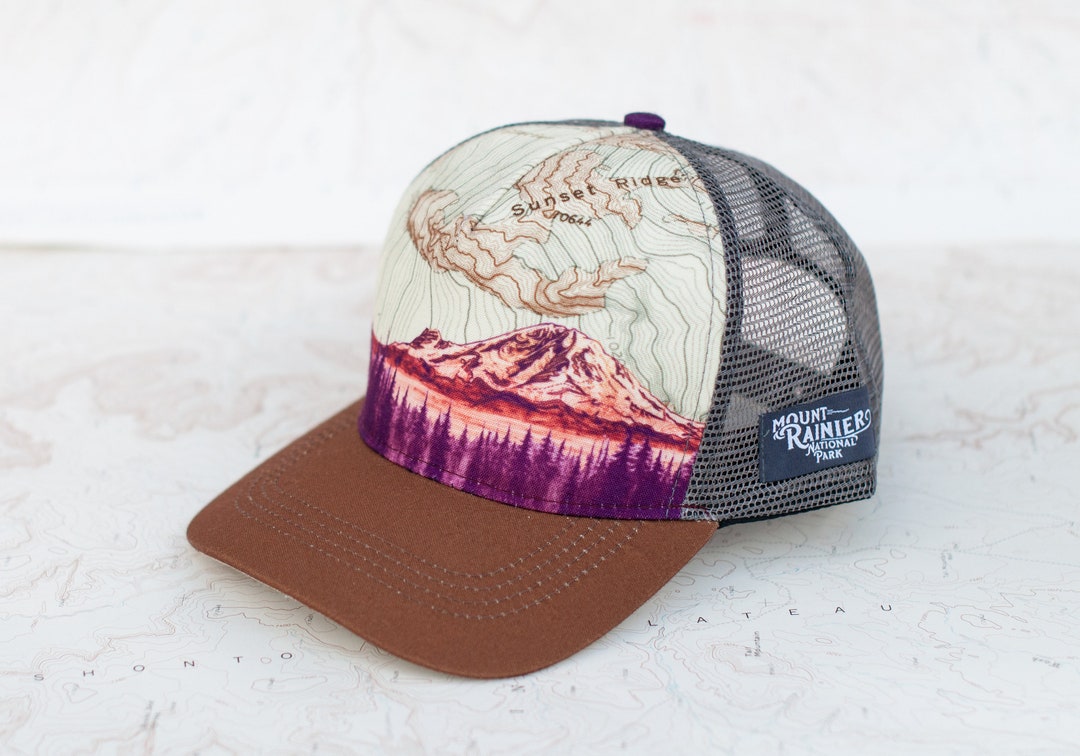 Mount Rainier Sunset Trucker Hat: Topographic National Park Hiking Hat ...