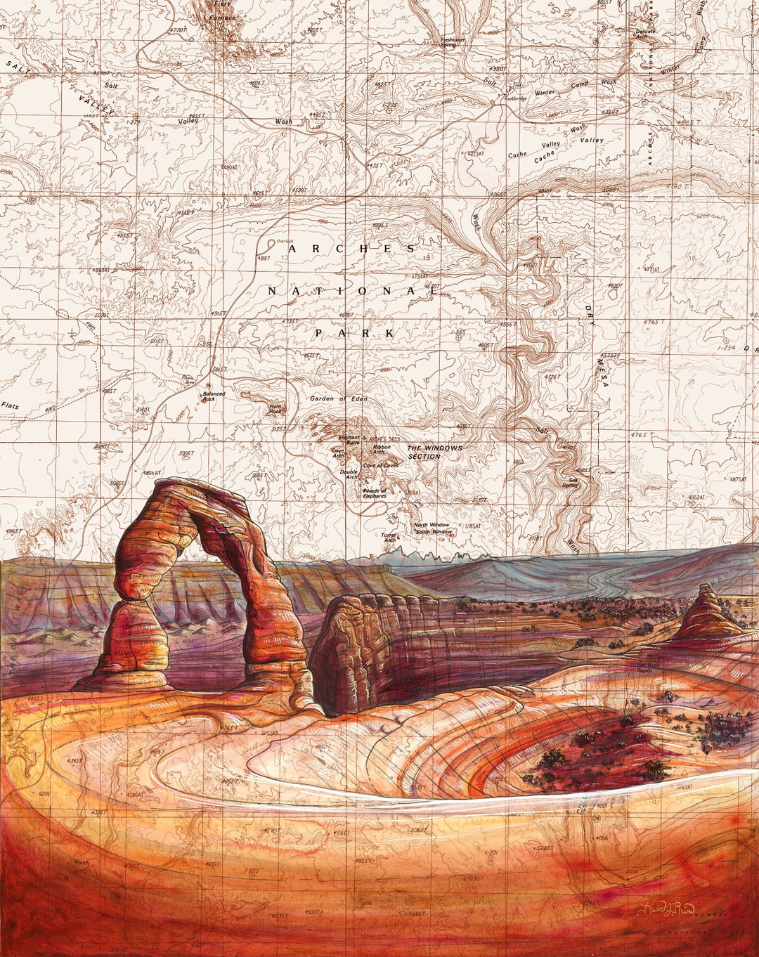 Delicate Arch Painting Print: Arches National Park Topography Map Art ...
