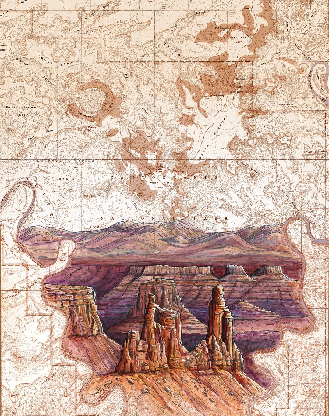 Canyonlands National Park, Canyonlands Painting Print Illustration ...
