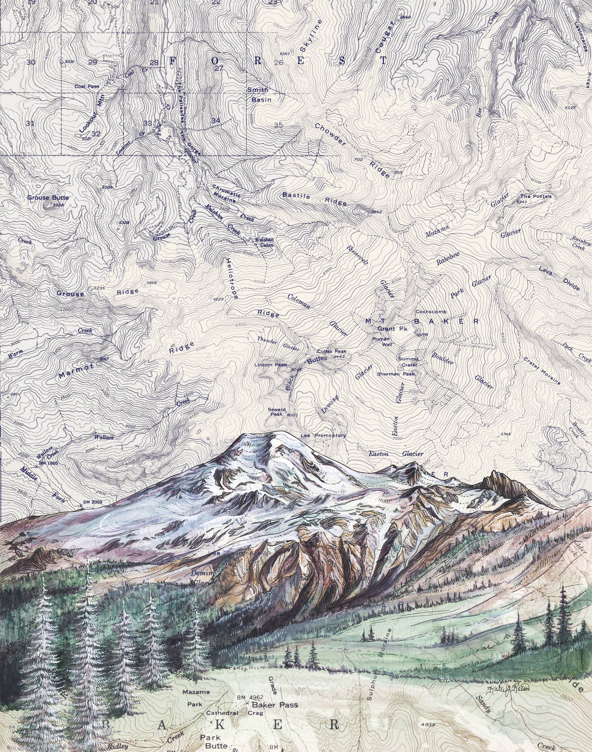 Mt. Baker Greeting Card, Mount Baker Illustration Card, Washington ...