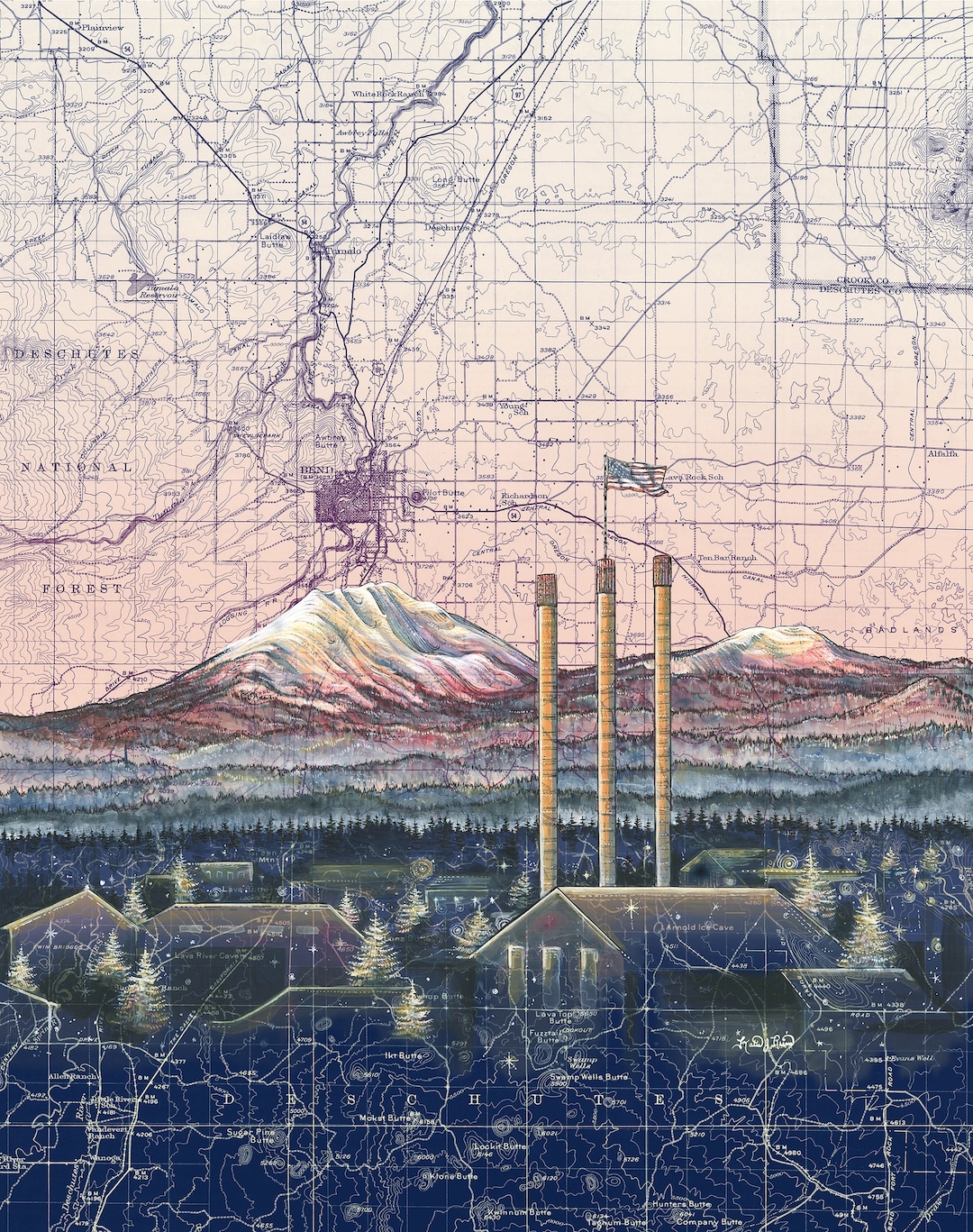 Bend Glow, Central Oregon Painting, Bend OR Mountain Illustration, Mt ...