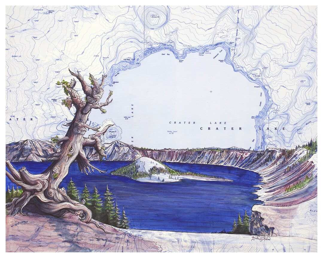Crater Lake Art Print: Oregon Topo Map Painting - Etsy