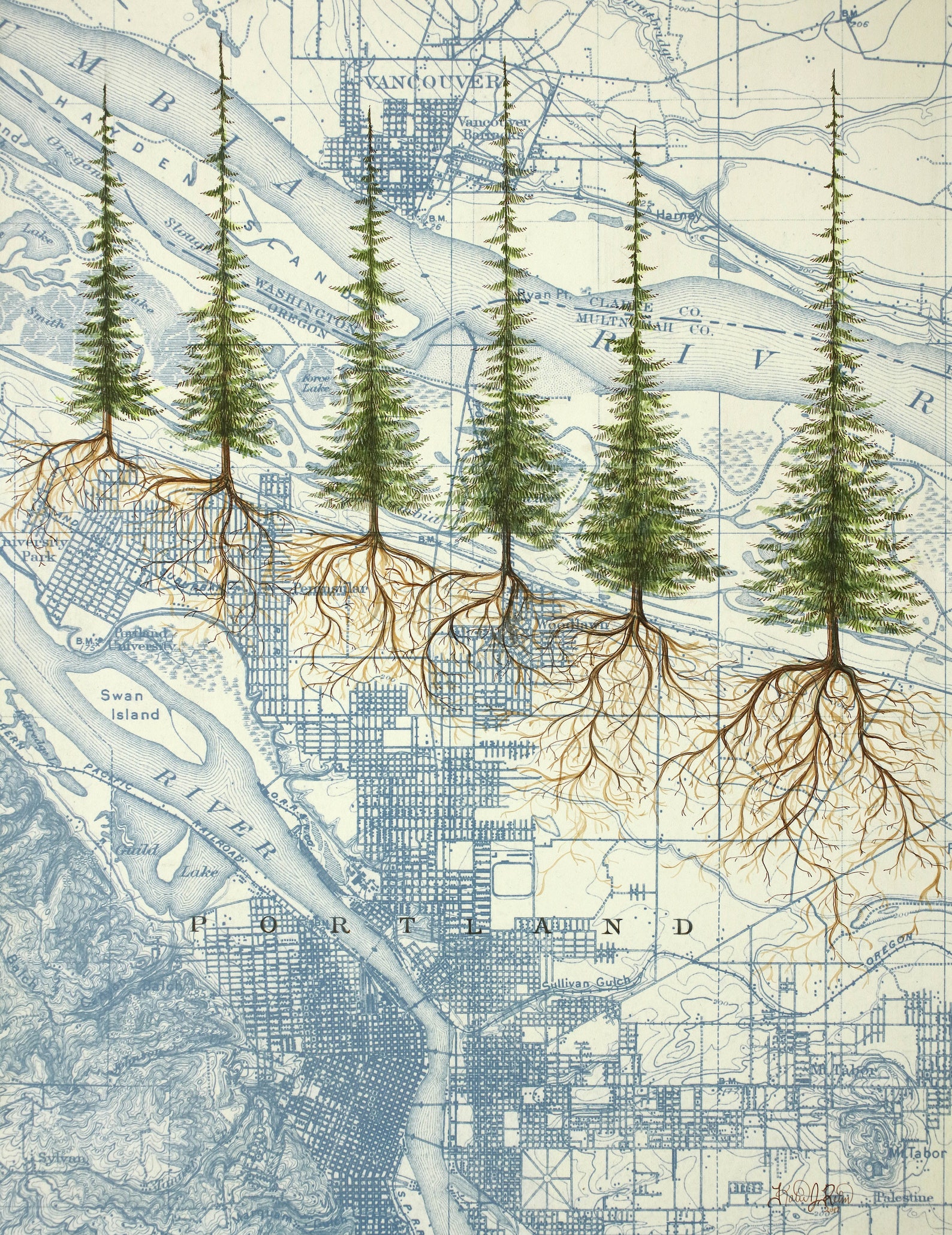 Portland Roots Greeting Card Portland Map and Trees | Etsy