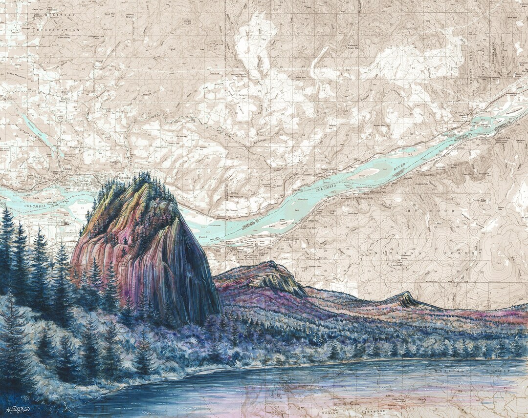 Beacon Rock Columbia River Gorge Painting Print, Washington Hiking ...