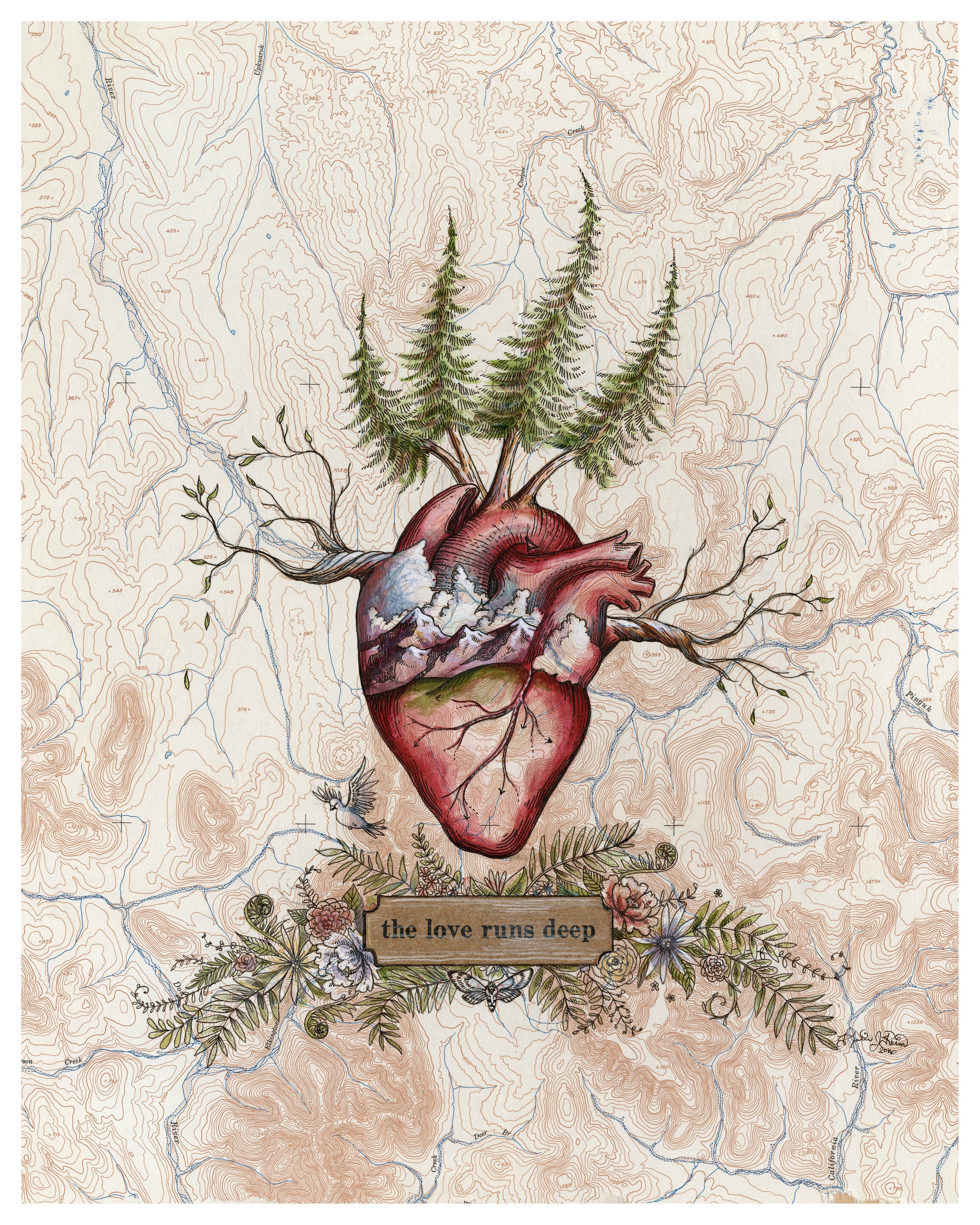 The Love Runs Deep Heart Art on Topo Map 8 X 10 Art Print | Etsy