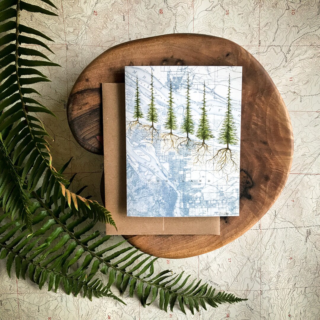 Portland Roots Greeting Card, Portland Map and Trees Illustration Card ...