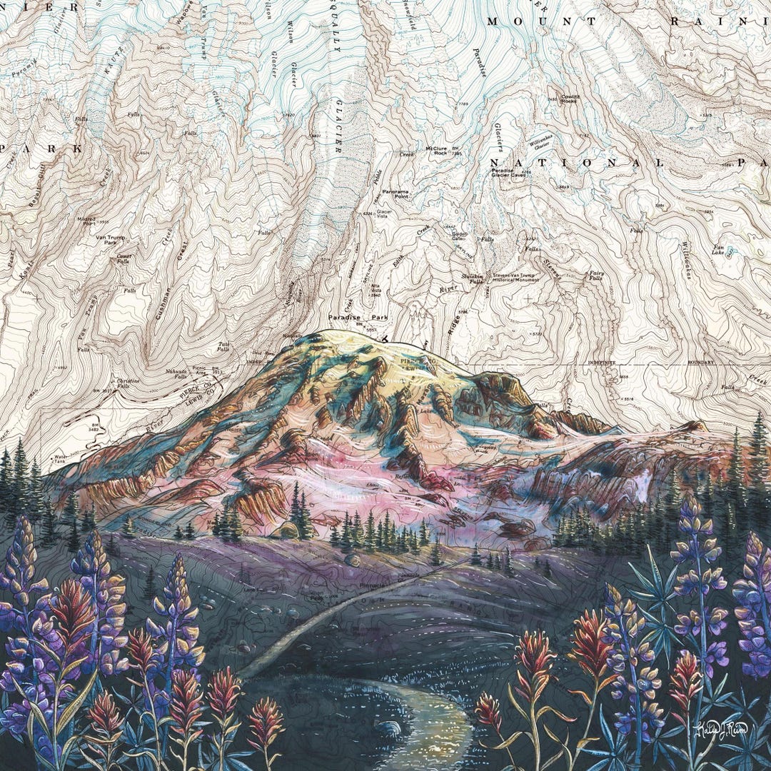 Mt Rainier Skyline Trail, Mount Rainier Wildflowers Art Painting Print ...