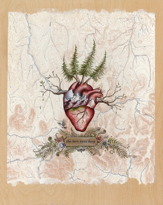 The Love Runs Deep Heart art on topo map 8 x 10 art print | Etsy