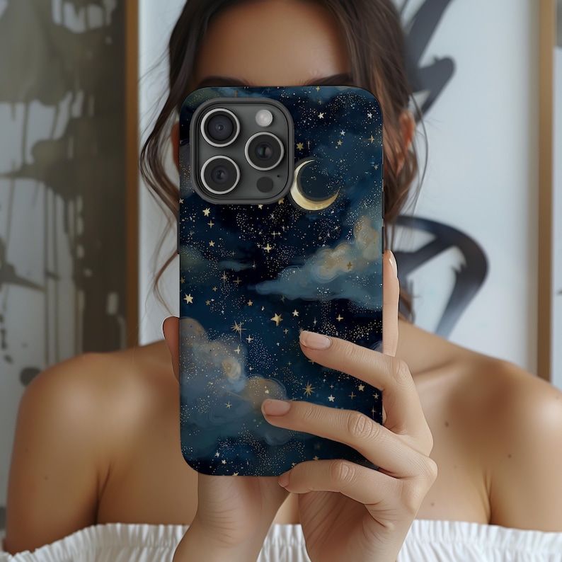 Blue Night Moon Phone Case Stars Clouds Celestial Art Design Cover for ...