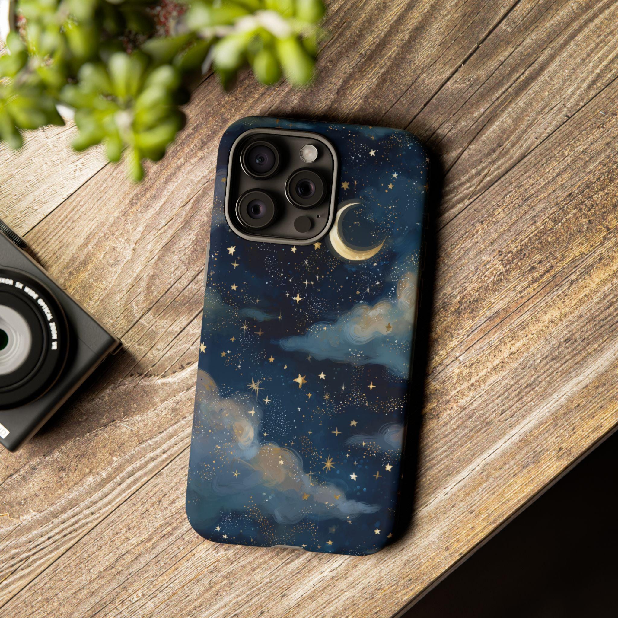 Blue Night Moon Phone Case Stars Clouds Celestial Art Design Cover for ...