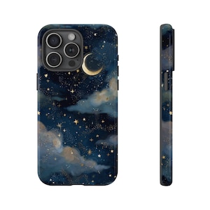 Blue Night Moon Phone Case Stars Clouds Celestial Art Design Cover for ...
