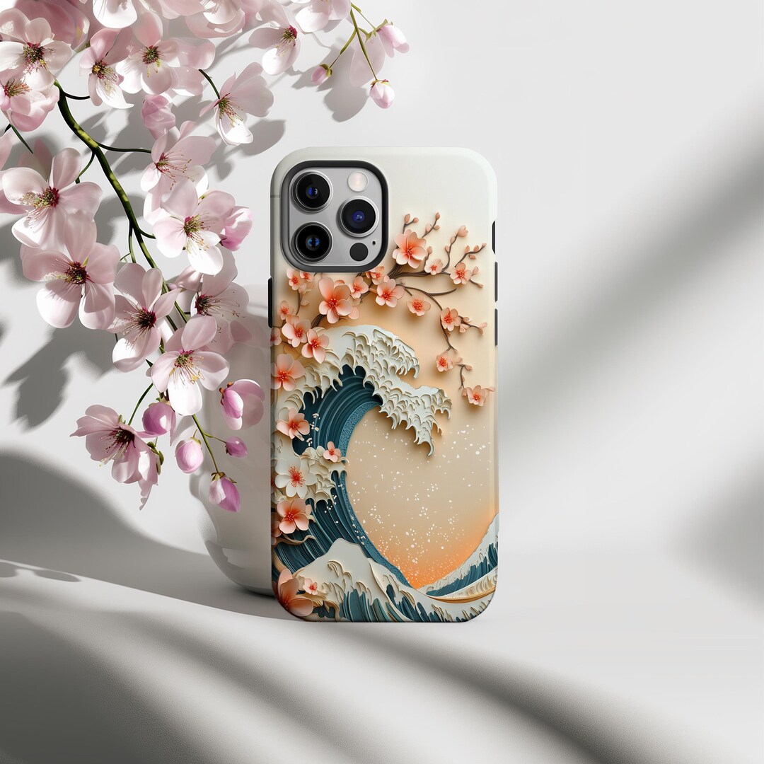 Blue Japanese Sakura Wave Phone Case Flower Art Design 3D Cover for ...