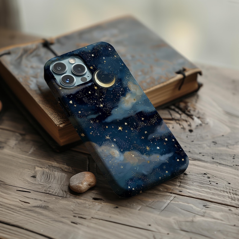 Blue Night Moon Phone Case Stars Clouds Celestial Art Design Cover for ...