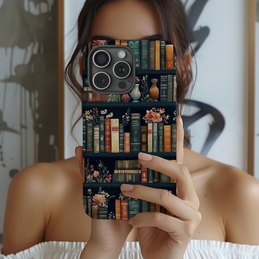 Vintage Bookshelf Phone Case | Cute Cottagecore Design | Floral Book ...