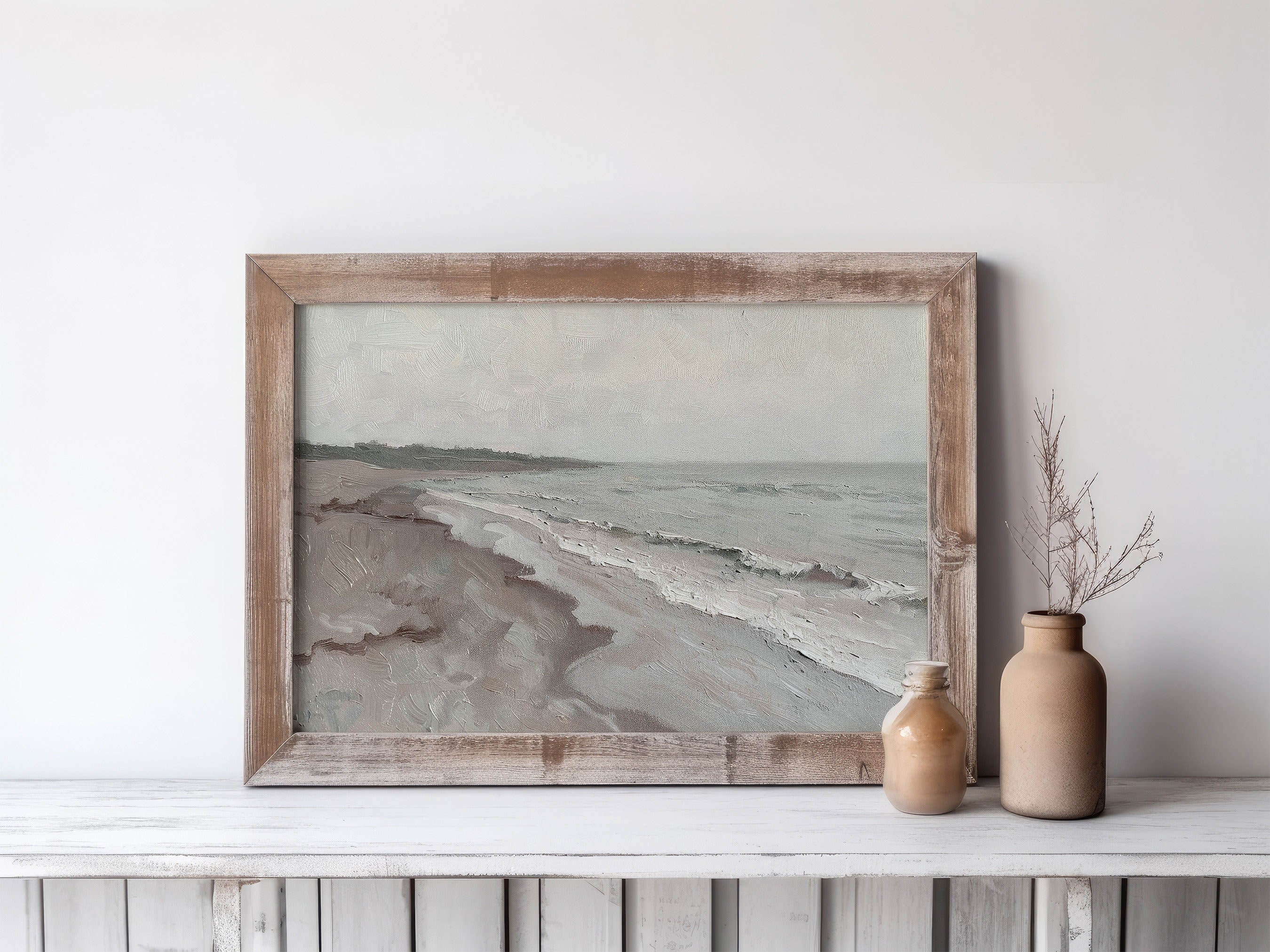 Waves on the Beach Seascape Painting, Brown Tonal Antique Coastal Print ...