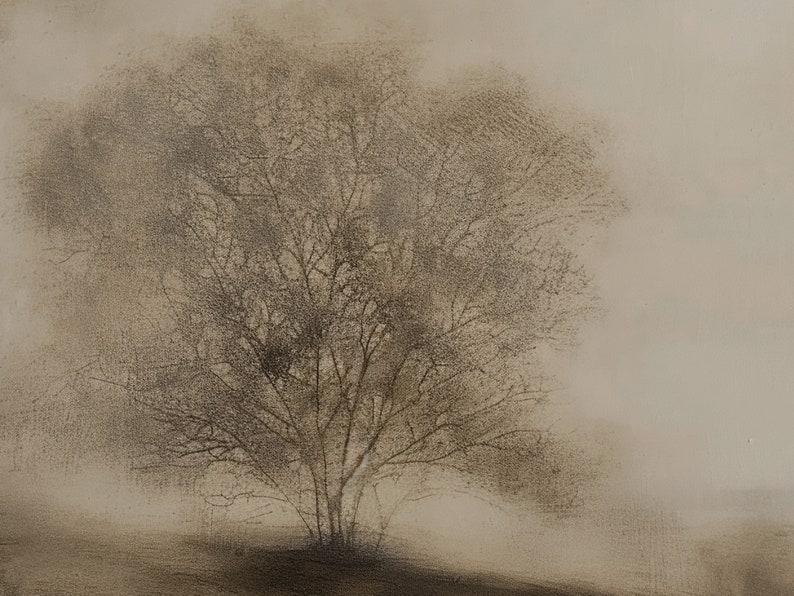 Tree in the Mist Tonal Landscape Painting, Antique European Print ...