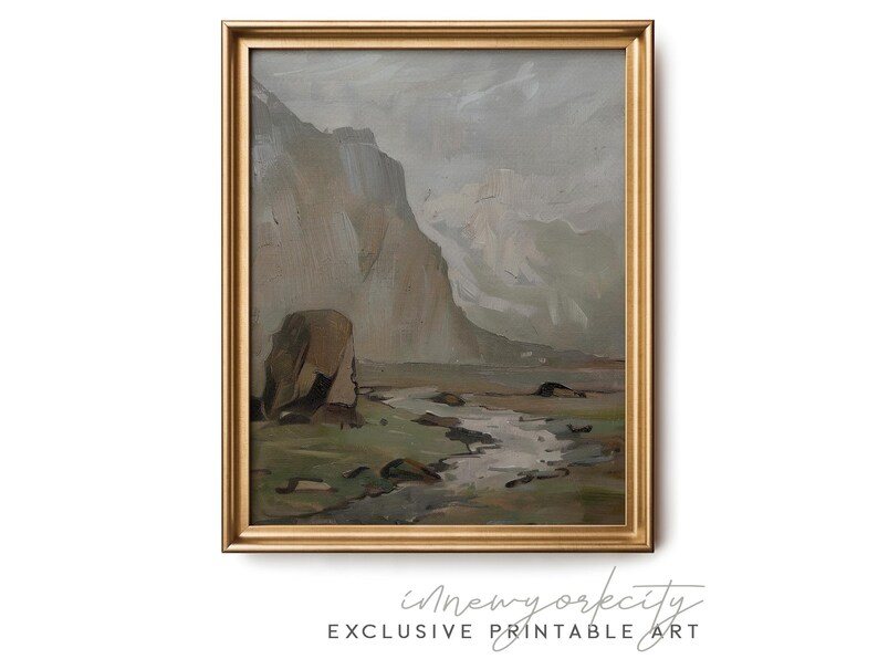 Brook Next to a Rock Landscape Painting, Antique Print, Vintage ...