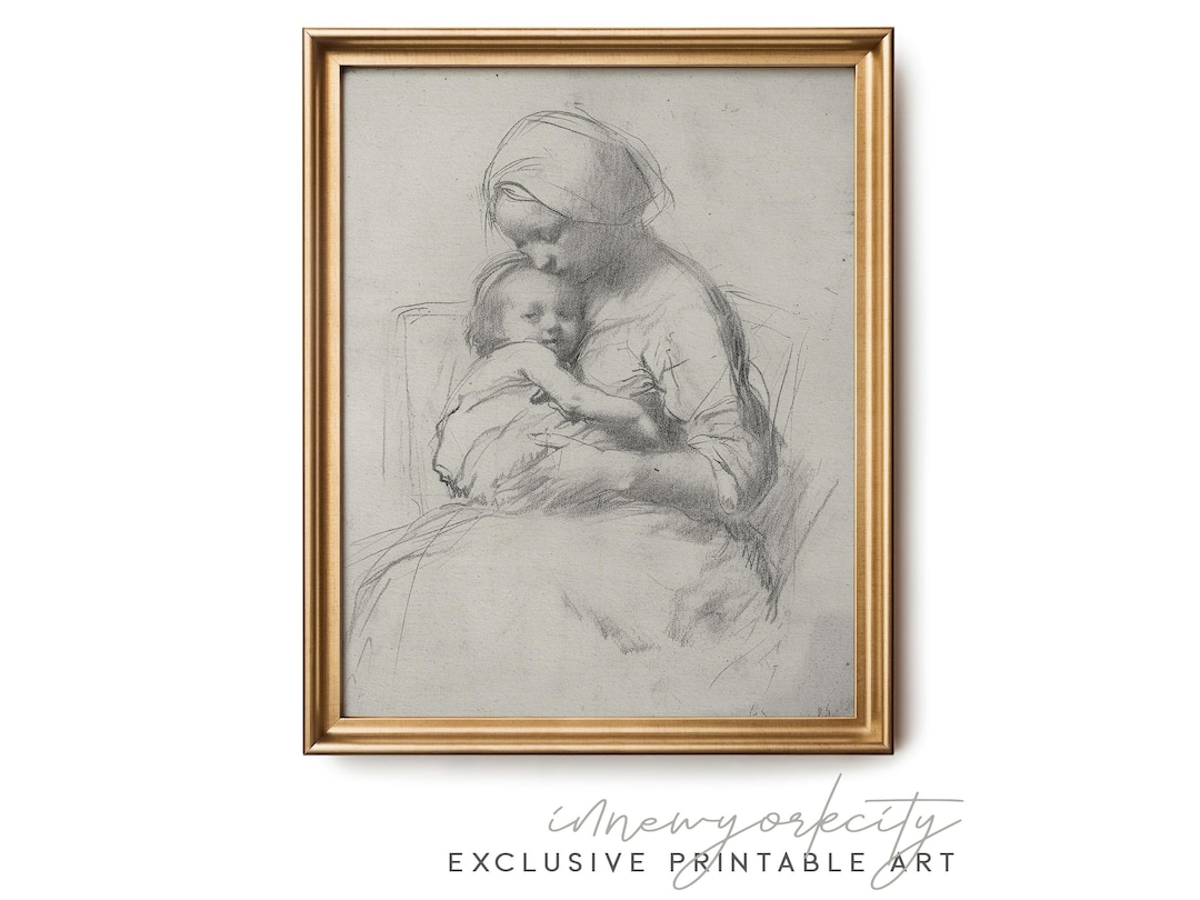 Tender Mother and Child Wall Art – Gentle Motherhood Sketch Digital ...