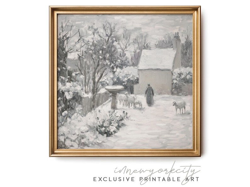 Winter Garden Scene Wall Art – Digital Download Sheep Painting ...