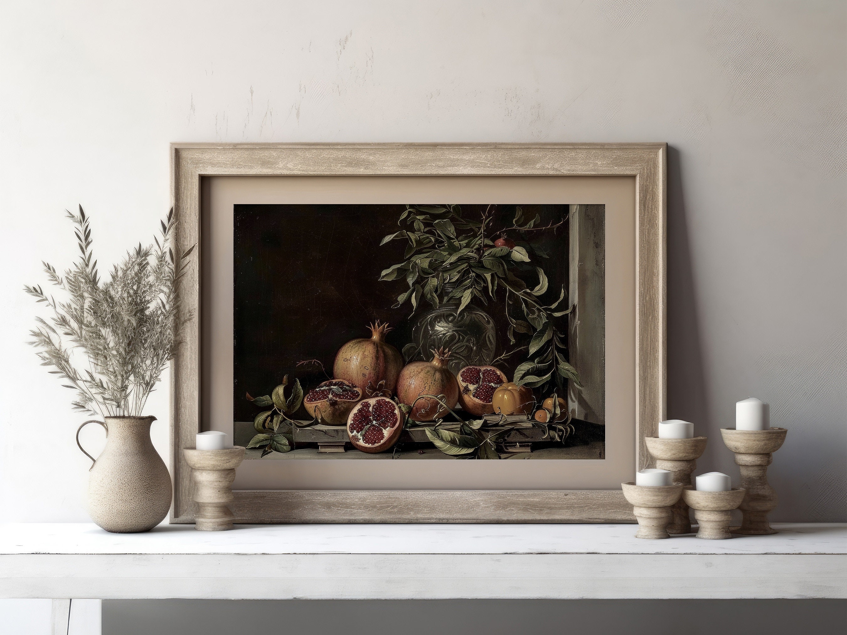 Pomegranates and Leaves Still Life Painting, Moody Antique Print ...