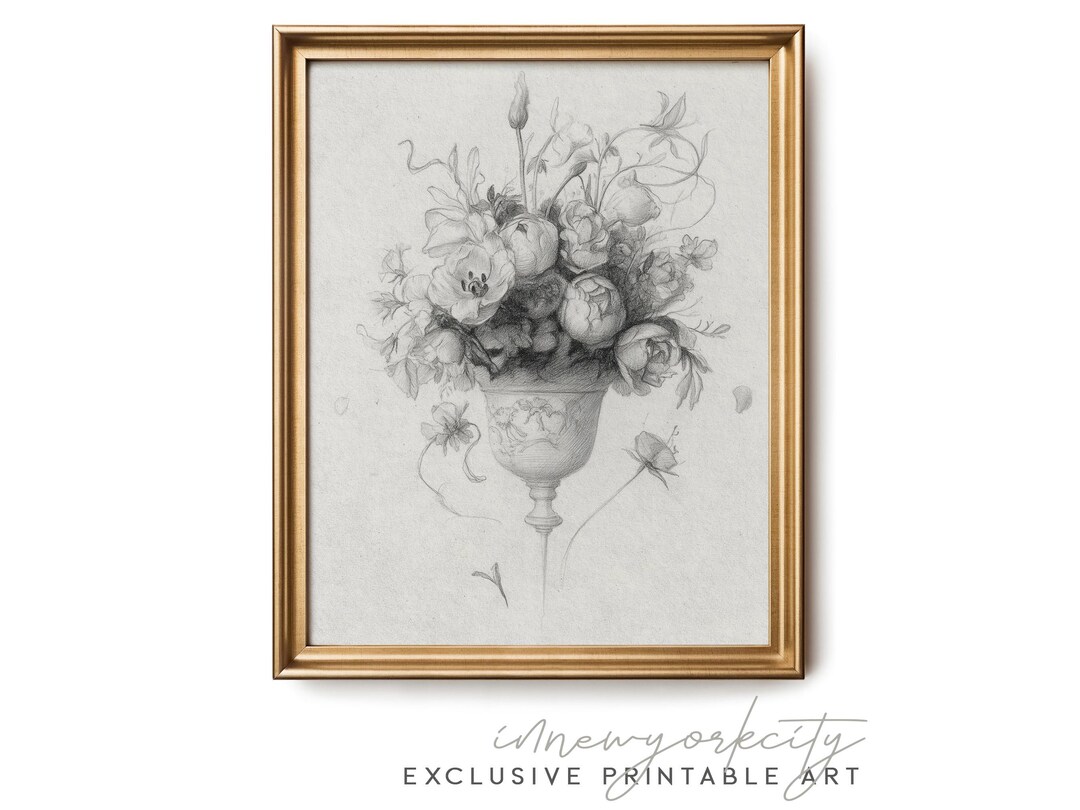 Vintage Floral Pencil Drawing Wall Art Print – French Botanical Digital ...