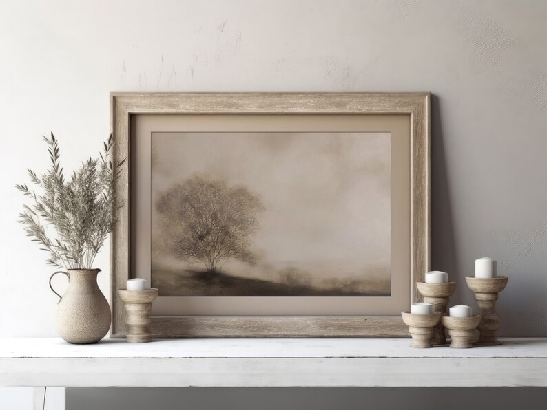 Tree in the Mist Tonal Landscape Painting, Antique European Print ...