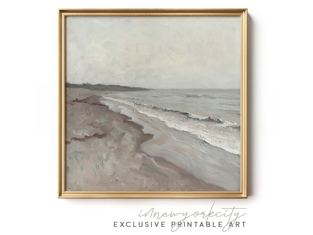 Waves on the Beach Seascape Painting, Brown Tonal Antique Coastal Print ...