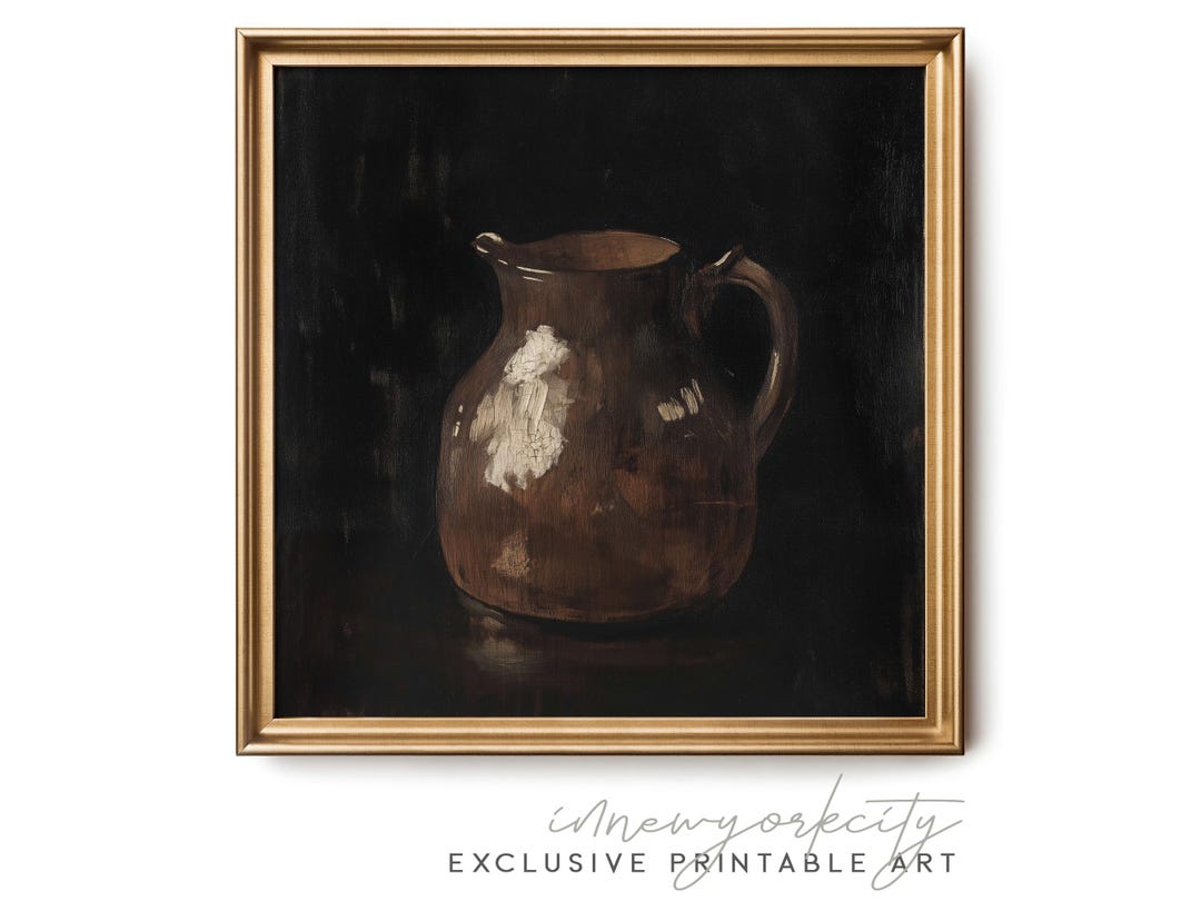 Vintage Brown Pitcher Wall Art – Dark Moody Still Life Painting Digital ...