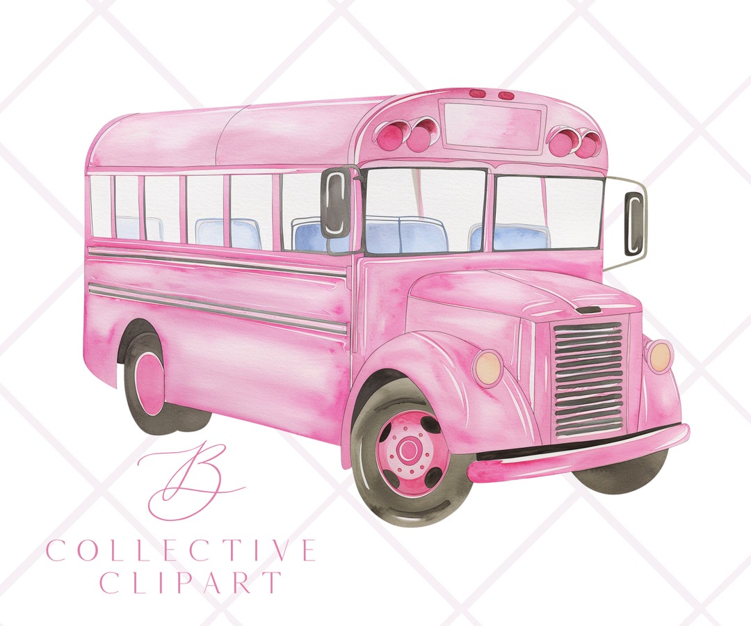 Watercolor School Bus Clip Art, Pink School Bus PNG, Back to School ...