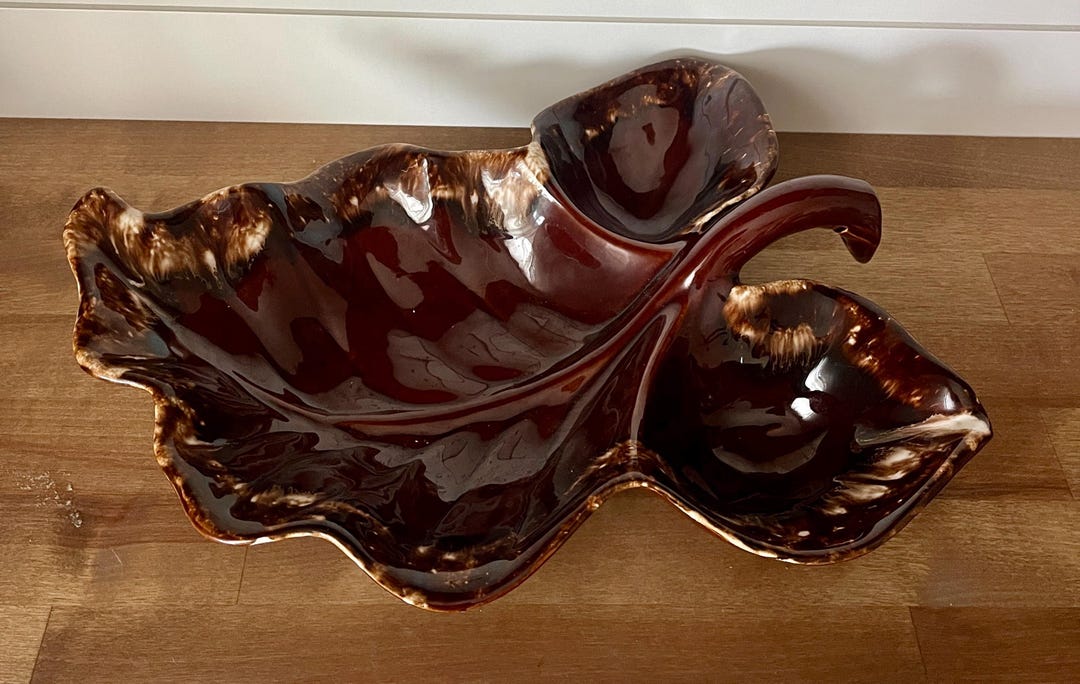 Vintage Hull Brown Drip Pottery Leaf Designed Chip & Dip Dish / Platter ...