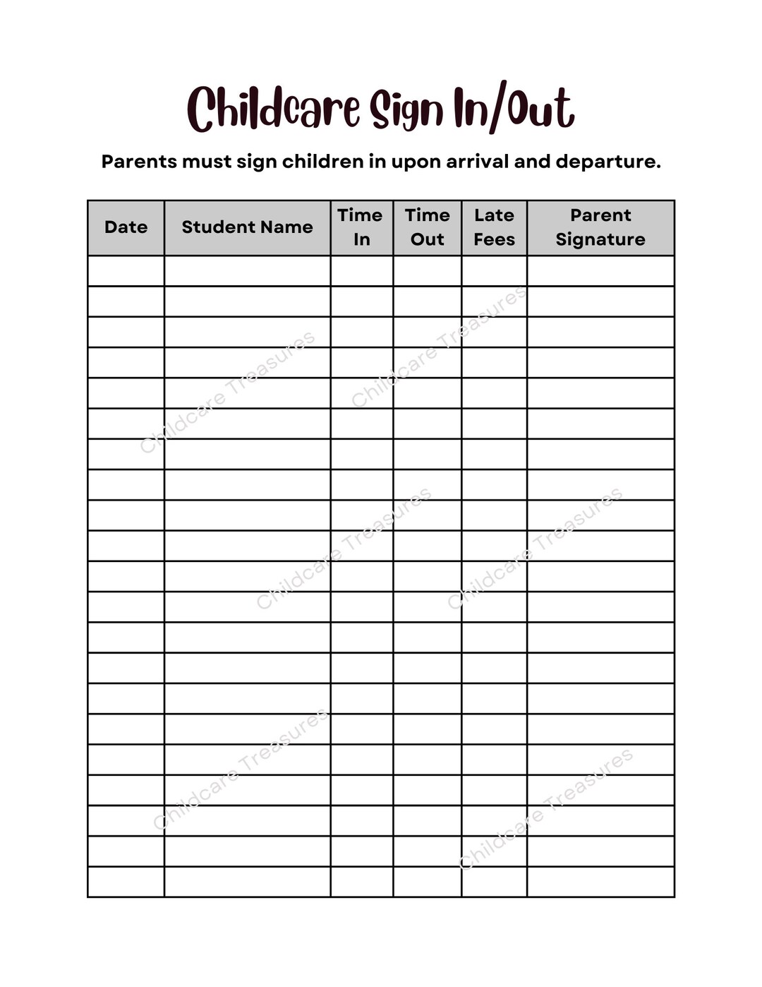 Childcare Attendance Sheet, parent Sign-in Form, daycare Management ...