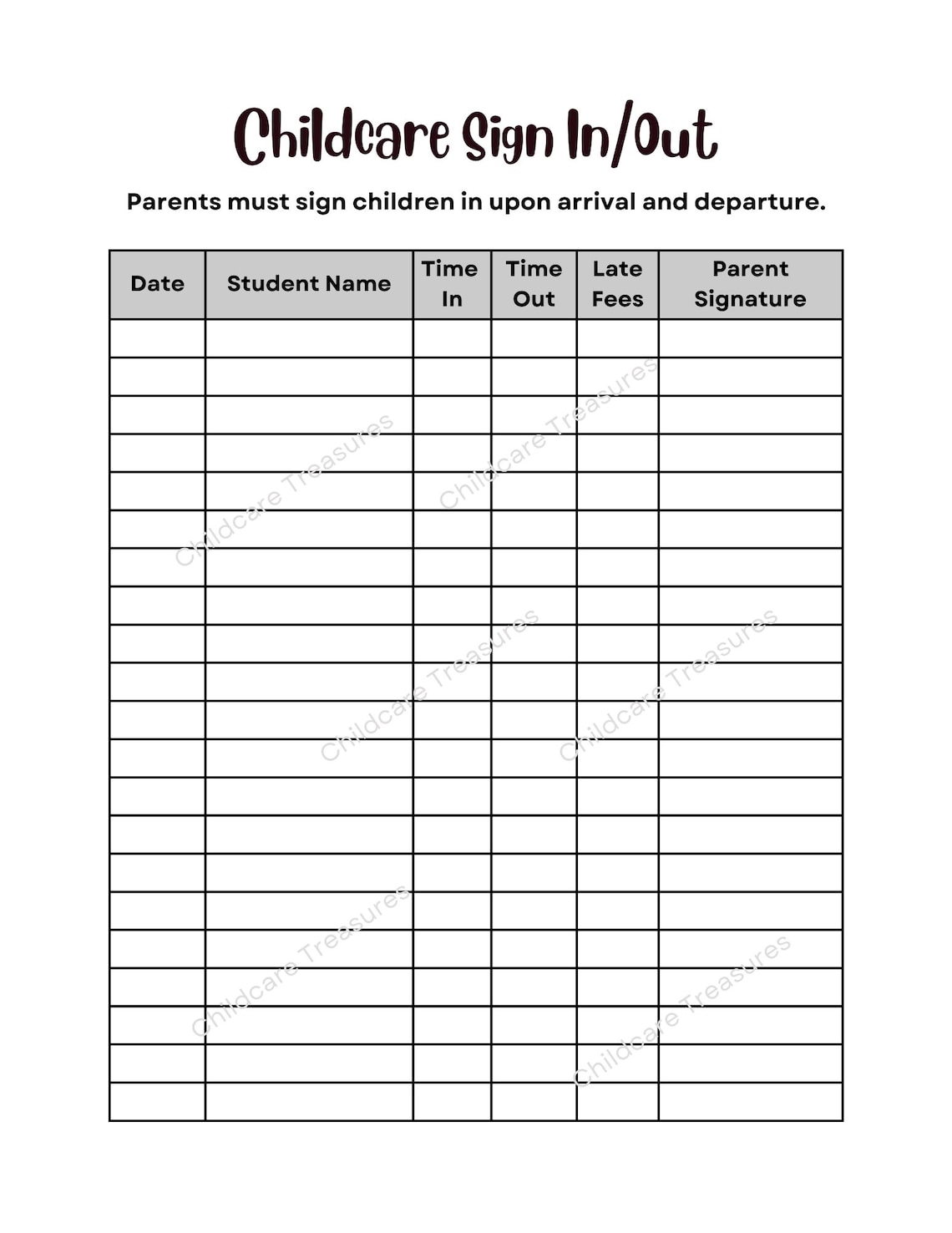 Childcare Attendance Sheet, parent Sign-in Form, daycare Management, Childcare Record Keeping ...