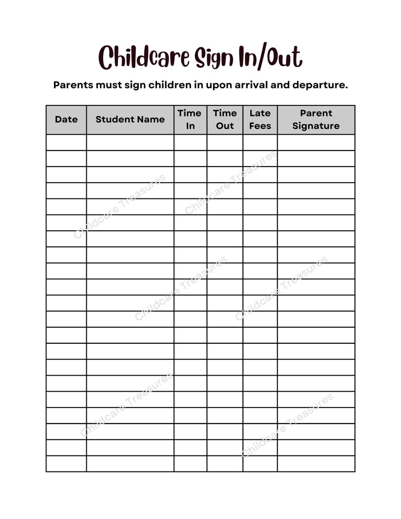 Childcare Attendance Sheet, parent Sign-in Form, daycare Management ...