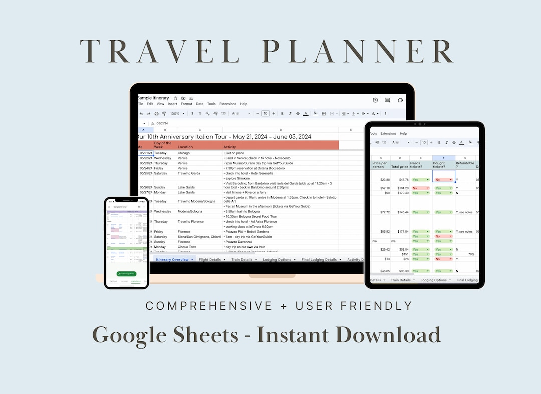 Travel Itinerary Template Google Sheets | Vacation Planner | Travel ...