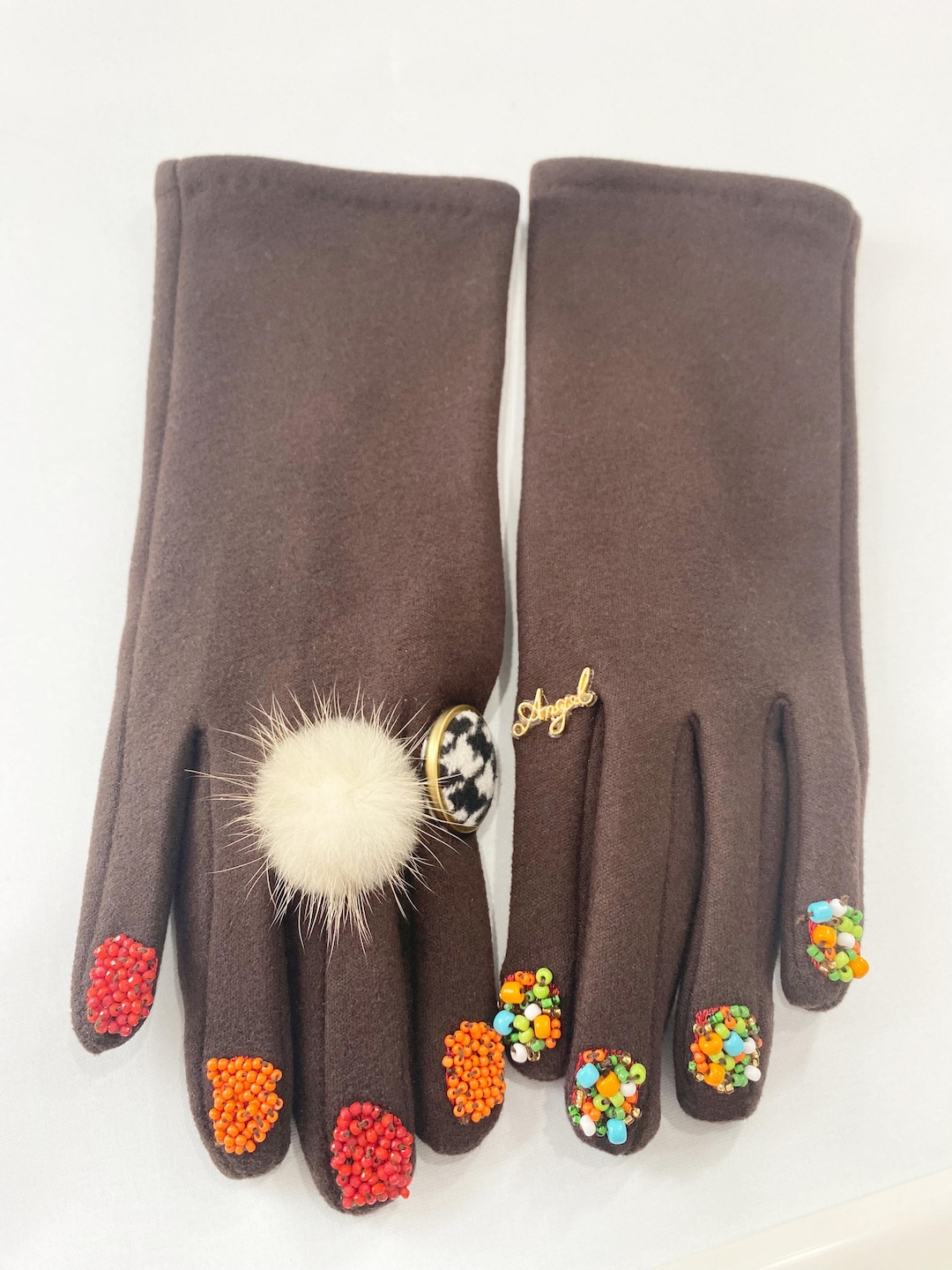 Handmade Beaded Colourful Nail Gloves, Crystal Fleece Gloves, Creative ...