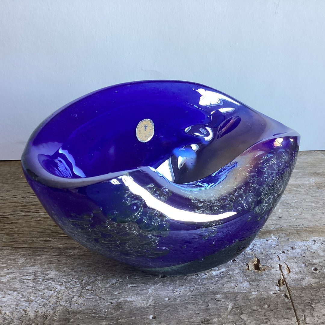 Romanian Iridescent Blue Glass Controlled Bubbles Dish - Folded Glass ...