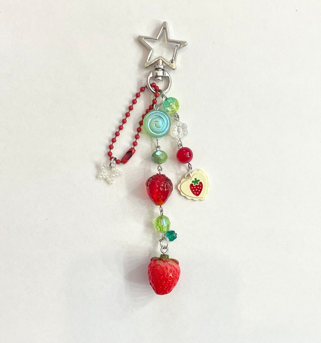Strawberry Keychain, Beaded Keychain, Red, Green, Stars - Etsy