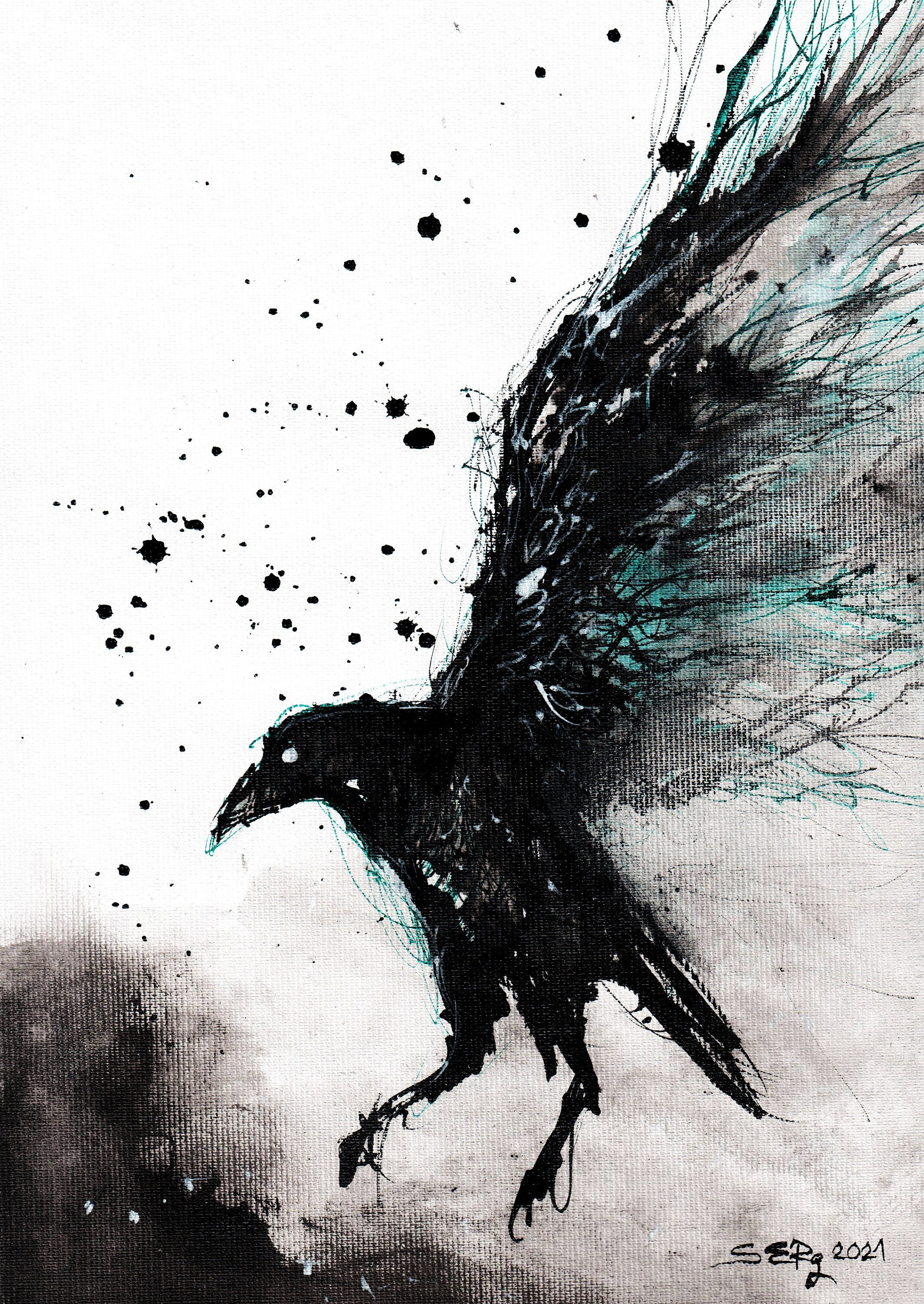 Art & Collectibles Watercolor abstract flying raven with cyan/turquoise ...