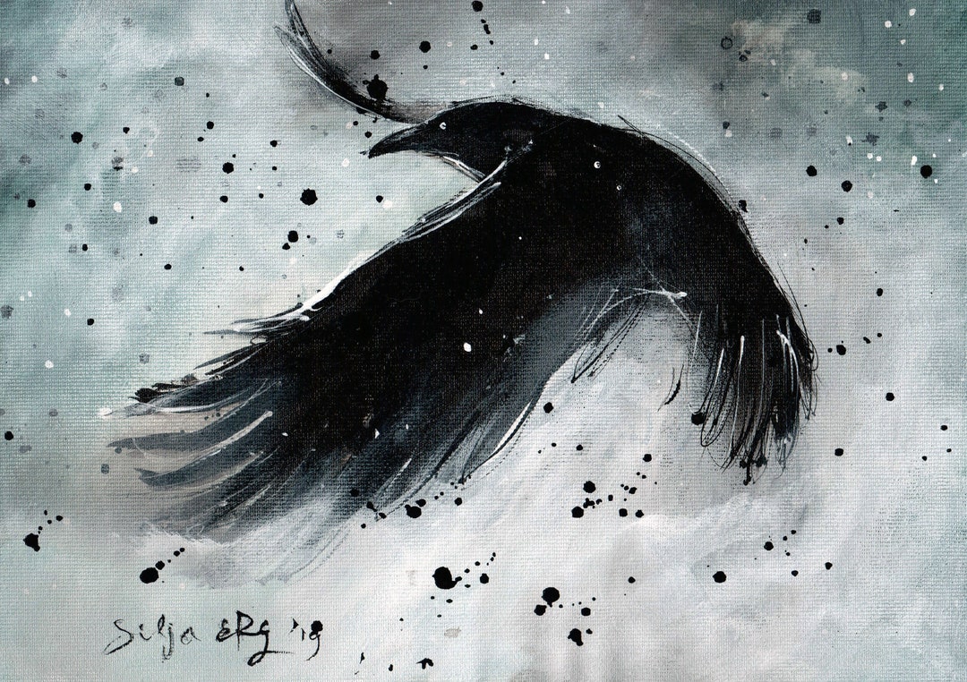 Raven Art - 8x11 in Ink Painting on Canvas A4 21x30cm - Etsy