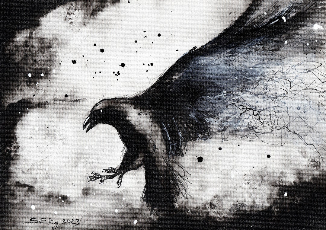 Original Ink Painting, Raven Art, 8x11 Canvas, A4, Black and White ...