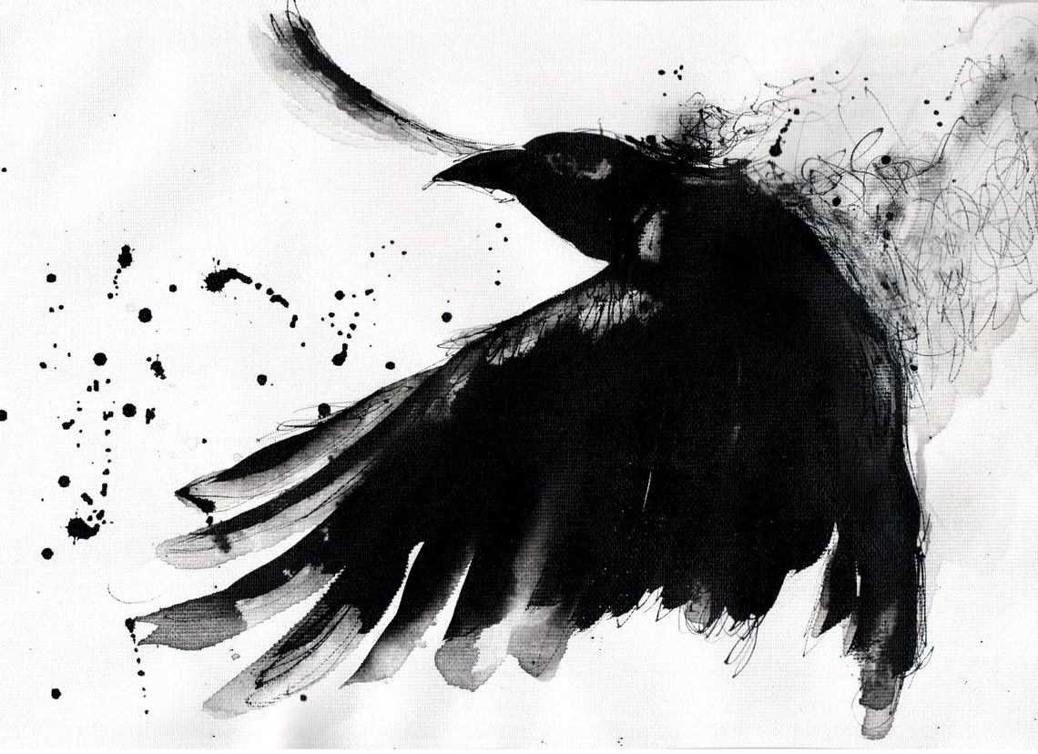 Crow painting Ink on 8x12in canvas A4 20x30cm abstract | Etsy